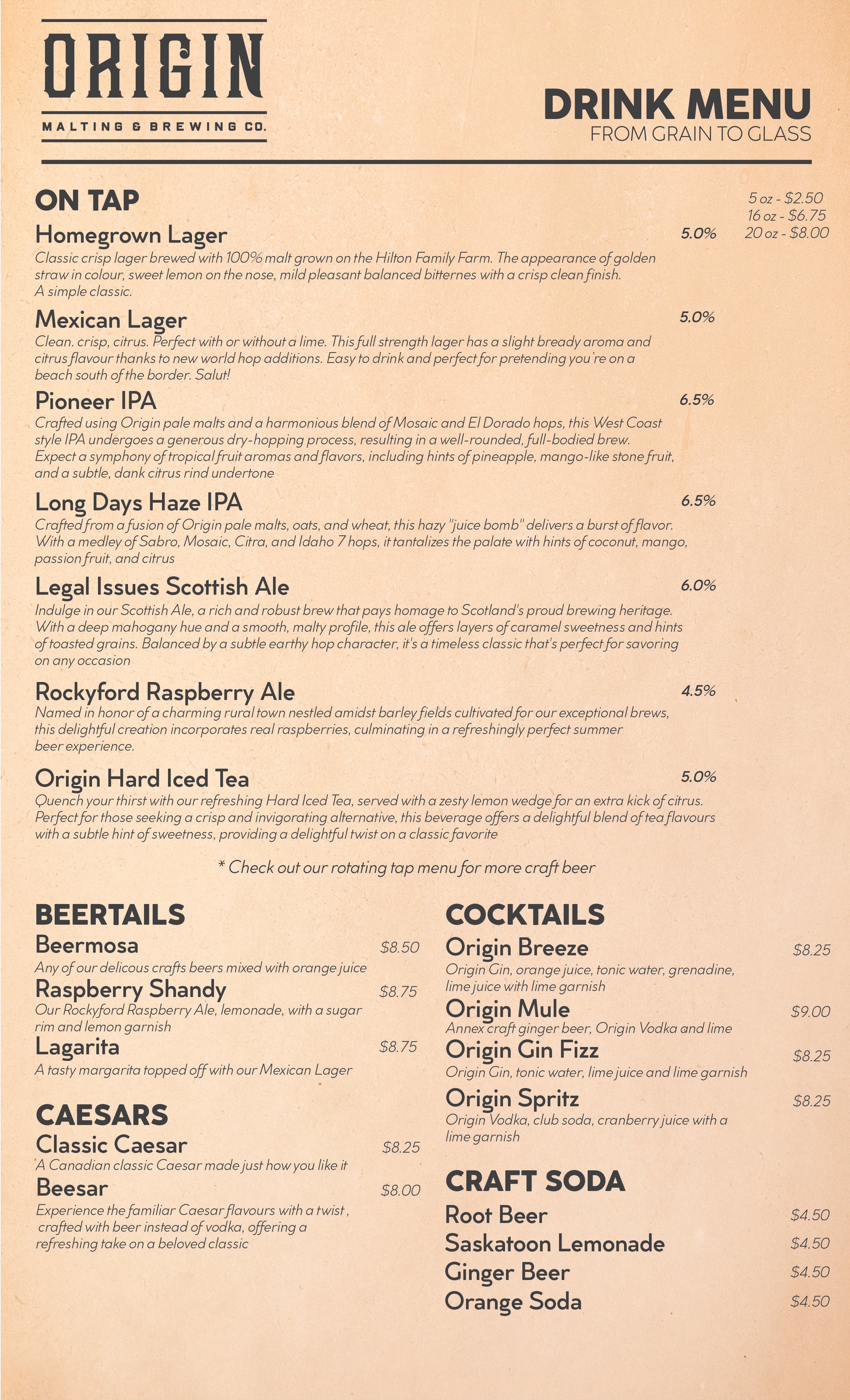 Origin Drink Menu – Origin Malting & Brewing Co. Ltd