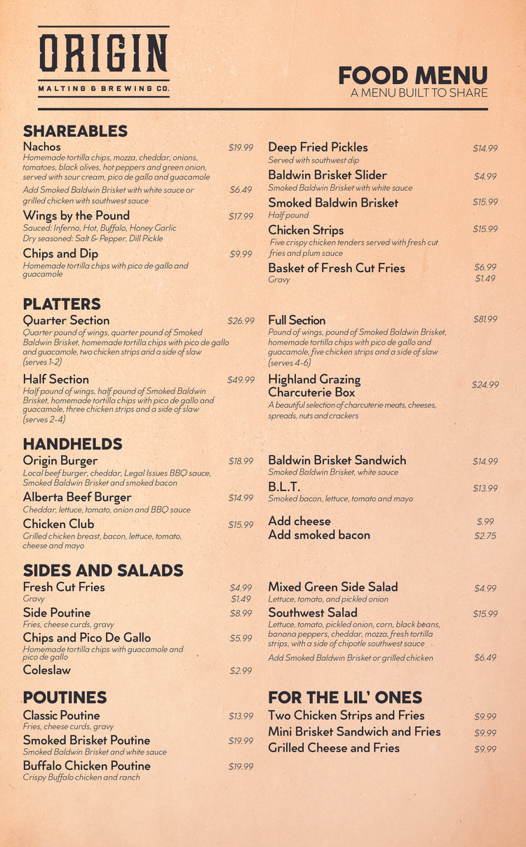 Origin Kitchen Menu – Origin Malting & Brewing Co. Ltd